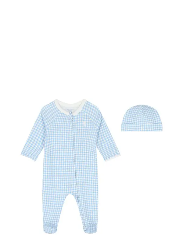Polo Ralph Lauren Gingham Plaid Footed Jumpsuit And Hat Set - Blue
