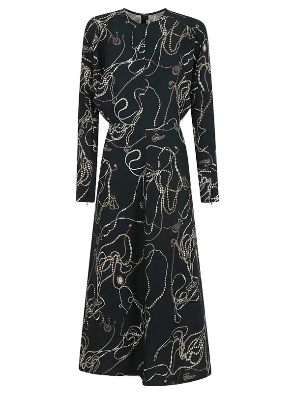 Victoria Beckham Long Sleeve Chain Print Midi Dress - Black