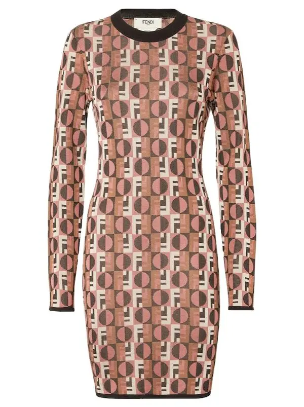 Fendi Optical Print Long-sleeve Mini Dress - Nude