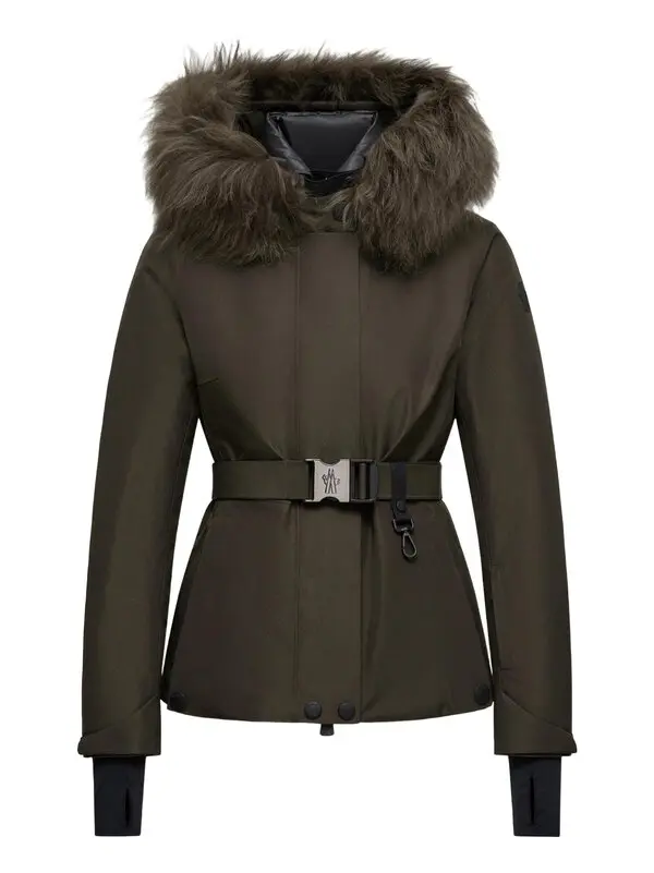 Moncler Laplance Belted Down Jacket With Fur Hood - Dark Green