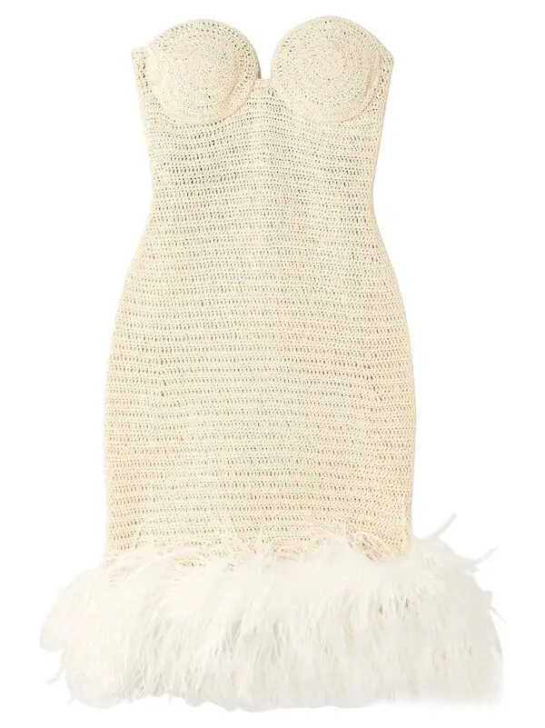 Magda Butrym Strapless Feather Trim Crochet Mini Dress - Cream