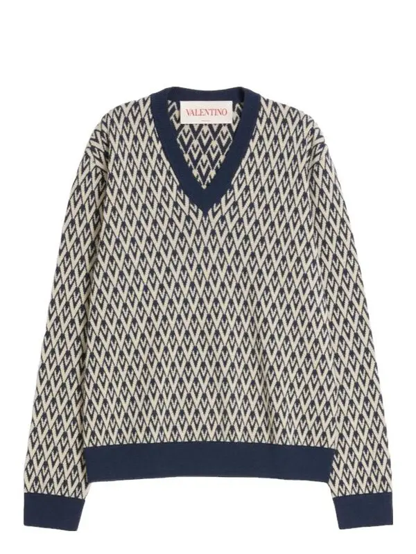 Valentino Garavani V-neck Jacquard Pattern Long Sleeve Jumper - Nude