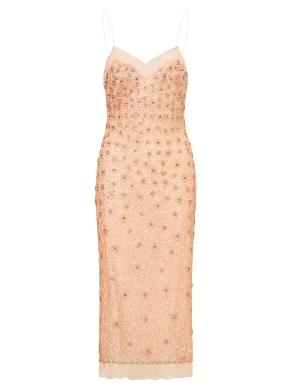 LoveShackFancy Mirrian Embellished Midi Dress - Nude