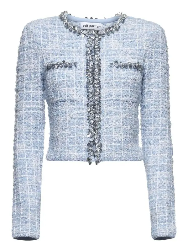 SELF-PORTRAIT Cropped Tweed Blazer With Sequined Details - Blue