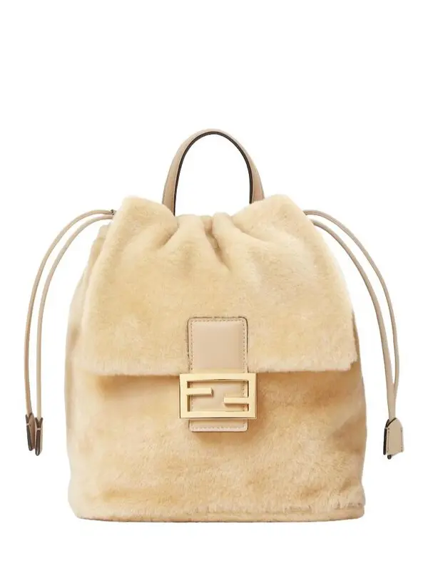 Fendi Shearling Backpack With Ff Buckle - Nude