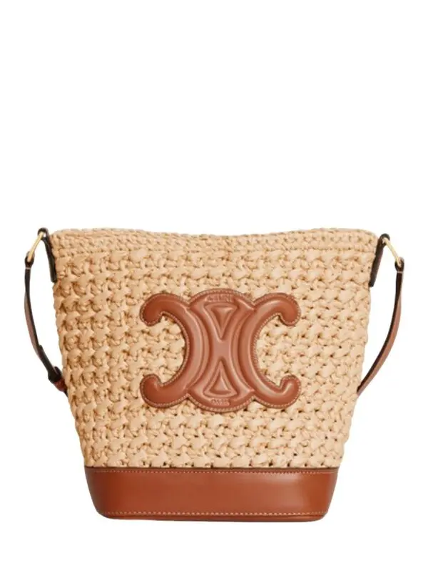 Celine Small Bucket Cuir Triomphe In Raffia And Calfskin - Natural/tan