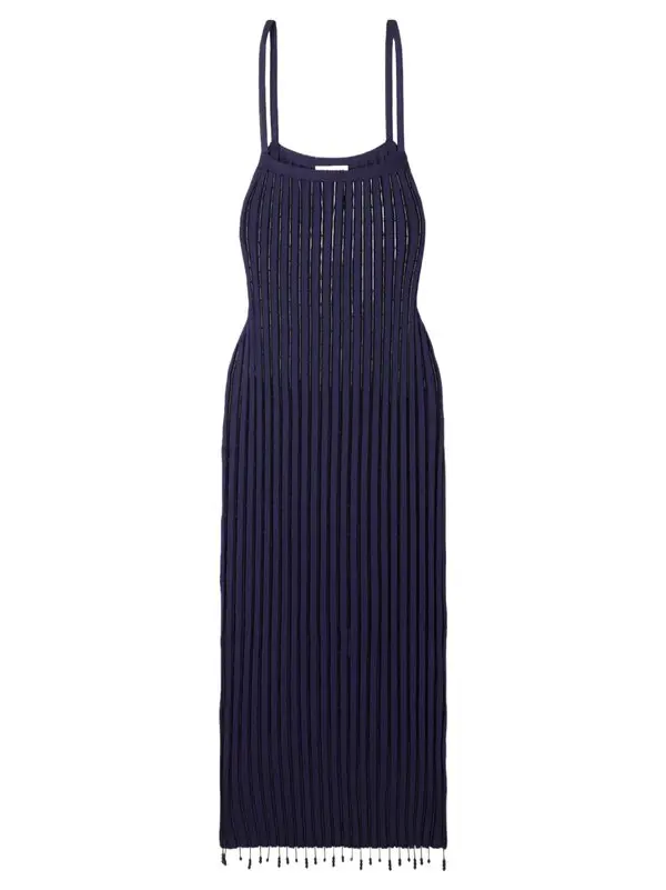 JIL SANDER Ribbed-knit Maxi Dress With Bead Embellishment - Navy
