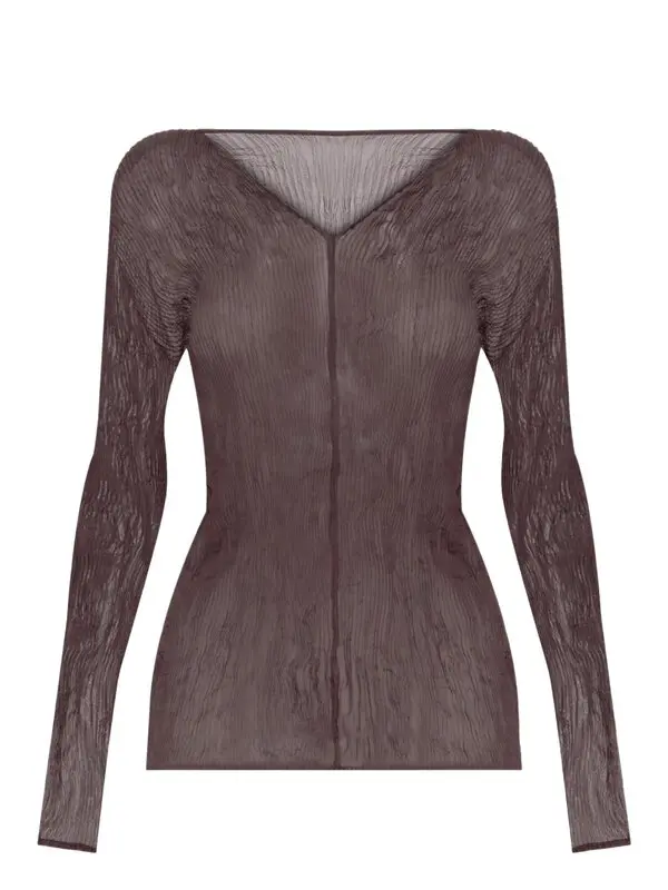 Issey Miyake Pleated V-neck Chiffon Top - Brown