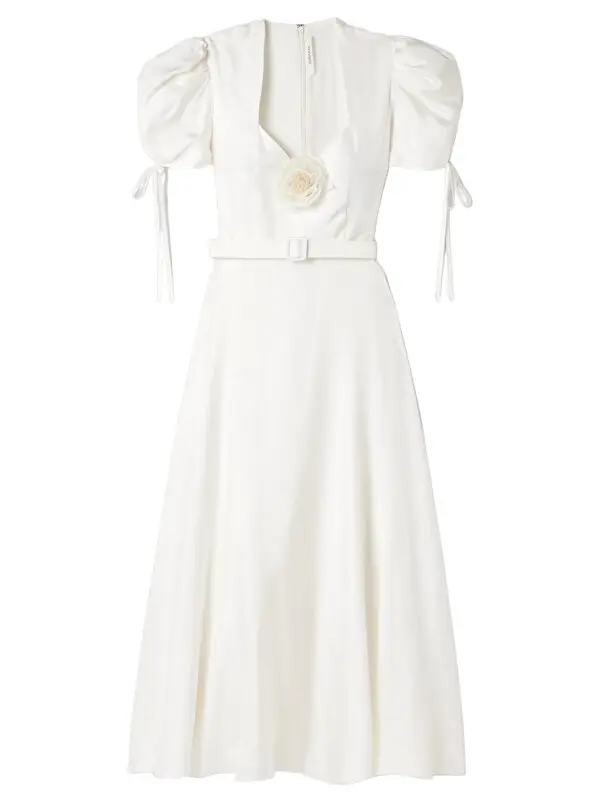RODARTE Appliquéd Belted Silk-twill Midi Dress - White