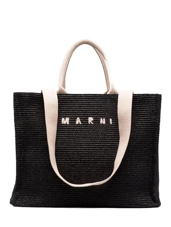 Marni Embroidered Raffia Tote Bag - Black