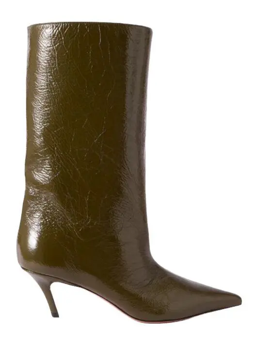 Amina Muaddi Crinkled Leather Pointed Toe Boots - Brown