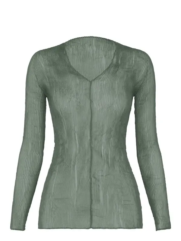 Issey Miyake Pleated V-neck Top - Gray