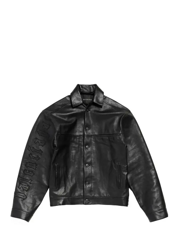 Balenciaga Leather Shirt Jacket With Gothic Embroidery - Black