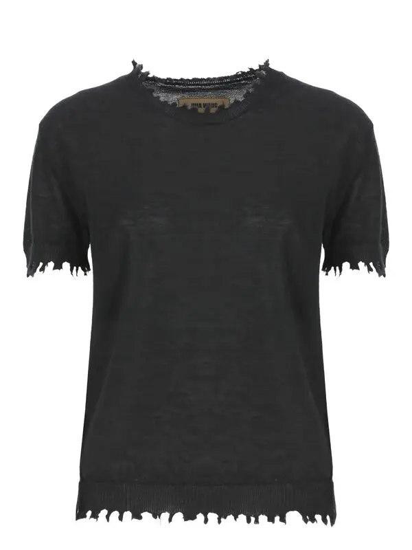 UMA WANG Distressed Crew Neck Short Sleeve Sweater - Black