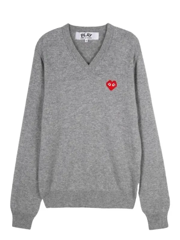 Play Comme Des Garcon V-neck Sweater With Heart Applique - Gray