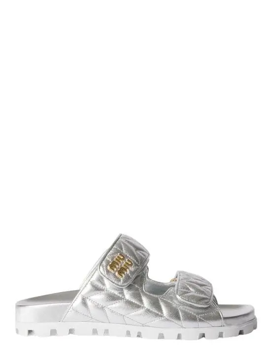 Miu Miu Matelassé Effect Sandals With Metal Lettering - Silver
