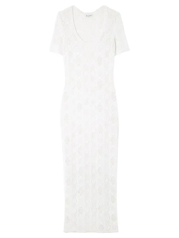 Alaïa Round Neck Short Sleeve Crochet Dress - White