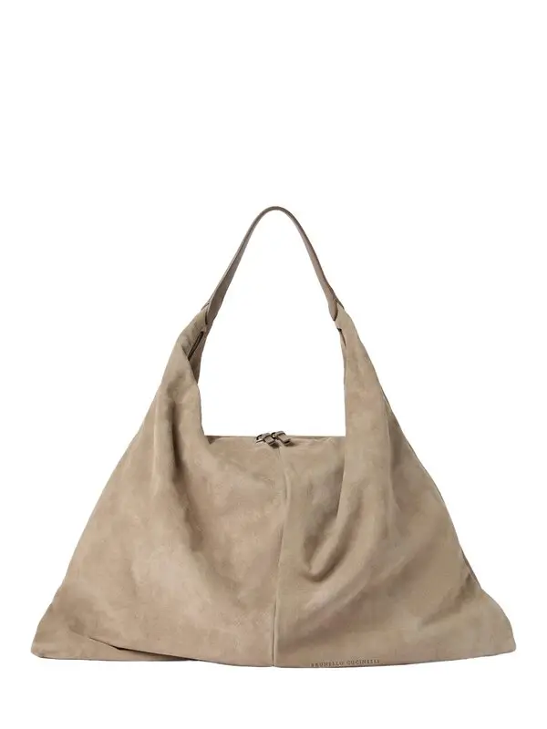 Brunello Cucinelli Logo Embossed Shoulder Bag - Light Gray