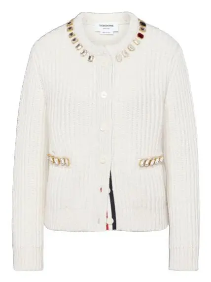 Thom Browne Embellished Knitted Cardigan With Signature Striped Grosgrain Trim - White