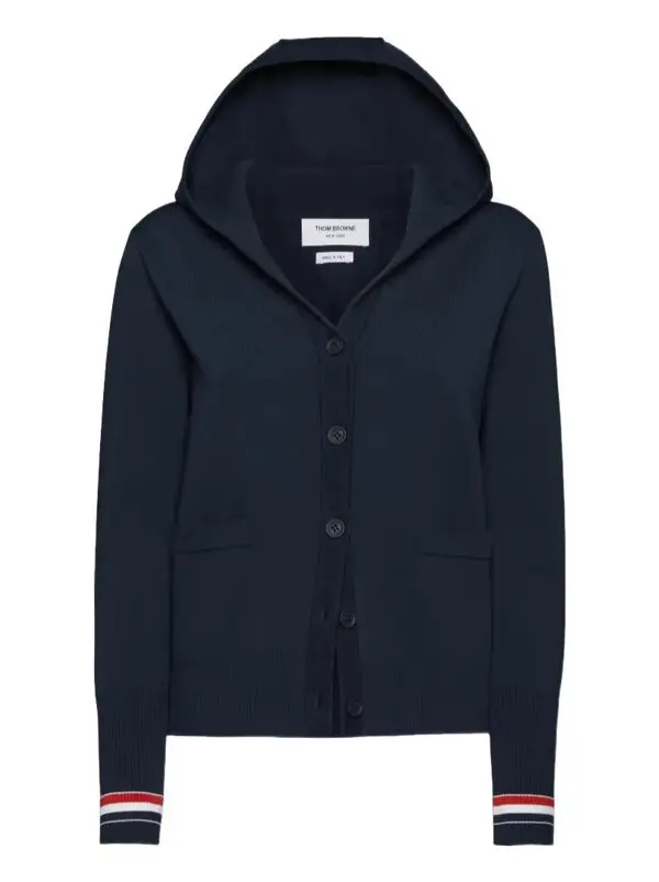 Thom Browne Knitted Cardigan With Iconic Stripes - Navy Blue