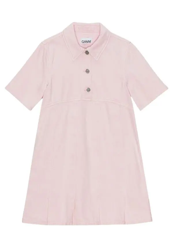 GANNI Denim Mini Dress With Pleated Skirt - Pink