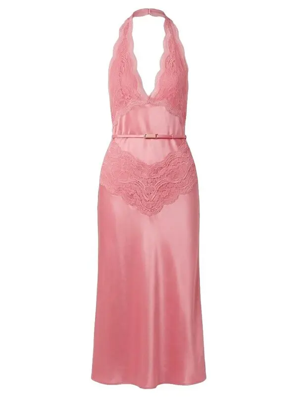 Gucci Lace Detailed Satin Halterneck Dress - Pink