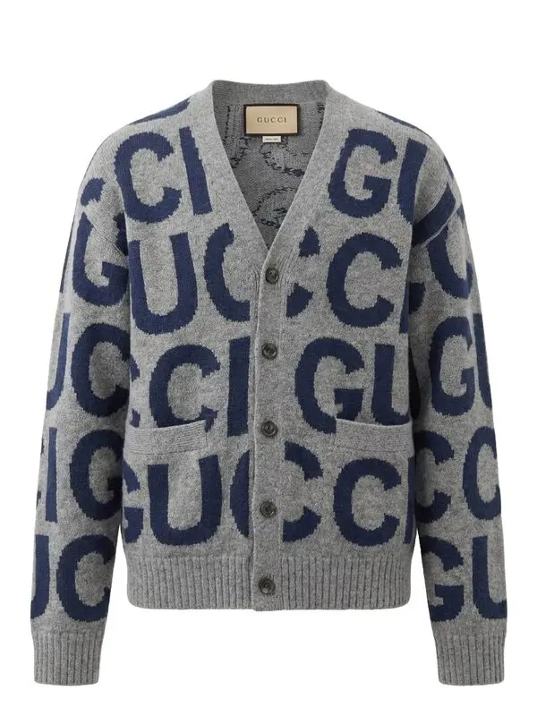 Gucci Logo Intarsia Button-up Cardigan - Gray