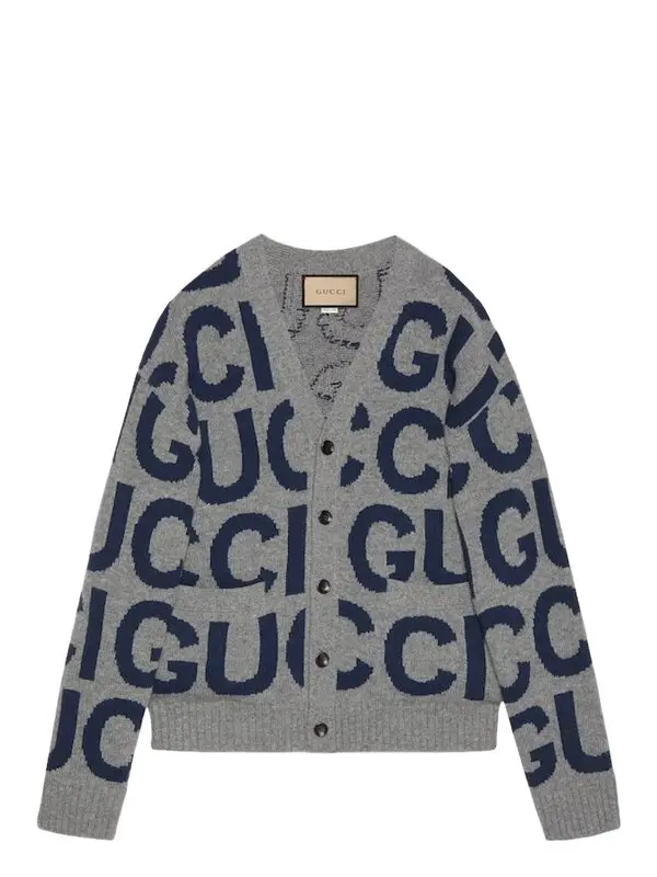 Gucci Logo Intarsia Button-up Cardigan - Gray