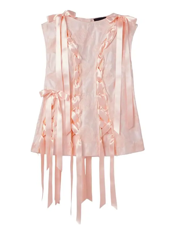Simone Rocha Unraveling Ribbon Lace-up Frayed Brocade Top - Pink