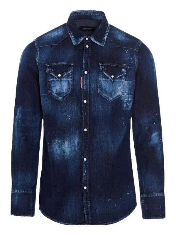 Dsquared2 Faded Paint Splatter Denim Shirt - Blue