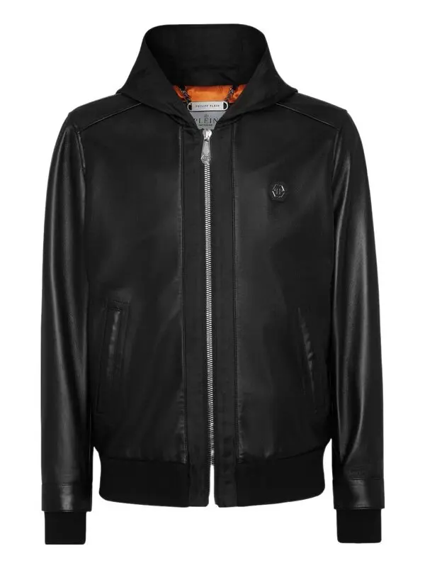 Philipp Plein Leather And Satin Hooded Bomber Jacket - Black