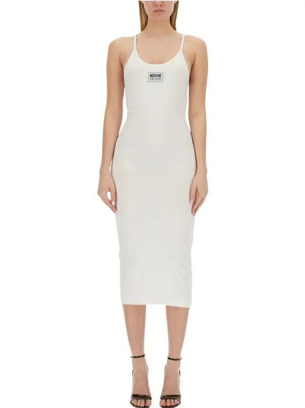 Moschino Logo Ribbed Midi Dress - White