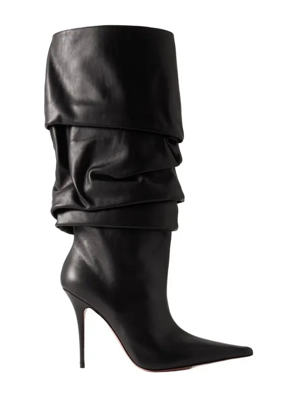 Amina Muaddi Gathered Leather Knee Boots - Black