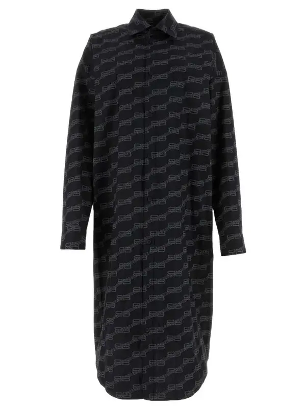 Balenciaga All-over Logo Printed Poplin Shirt Dress - Black