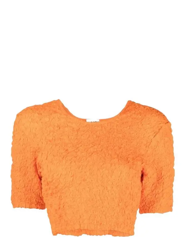 GANNI Shirred Crewneck Cropped Top - Orange