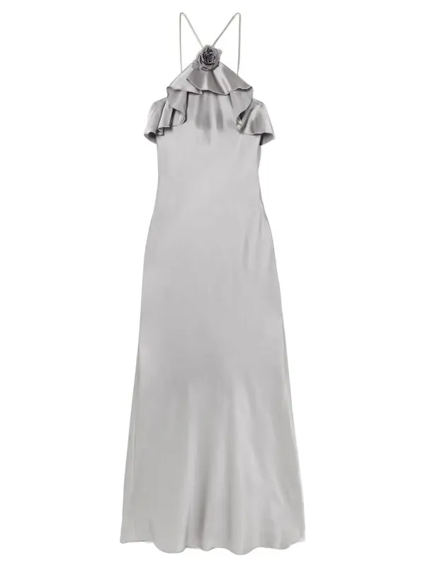 RODARTE Appliquéd Ruffled Silk-satin Halterneck Midi Dress - Gray