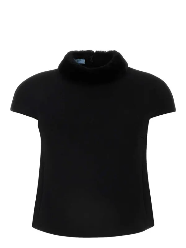 Prada Short-sleeved Top With Fur Collar - Black