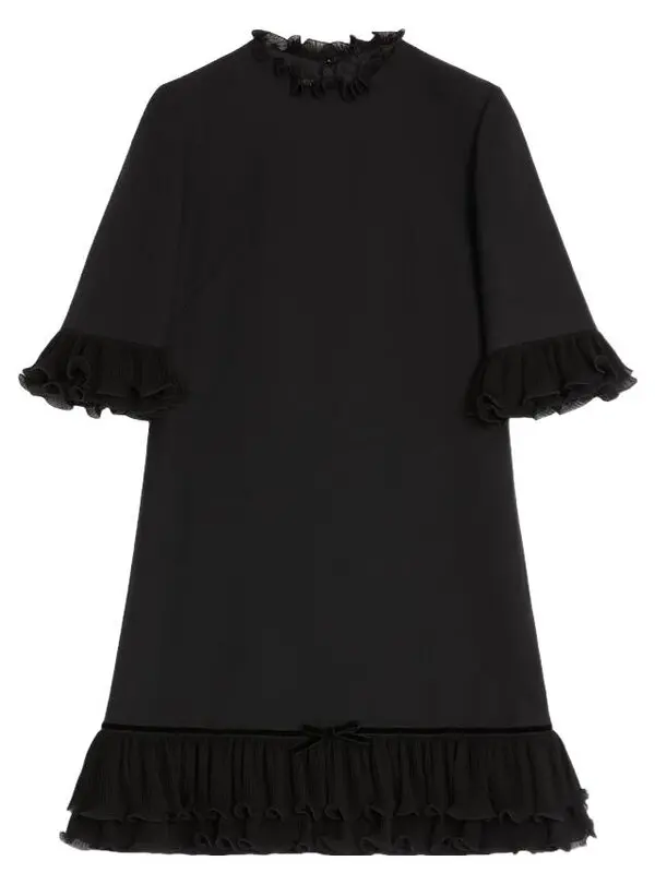 Valentino Garavani Short Sleeve Ruffled Crewneck Mini Dress - Black