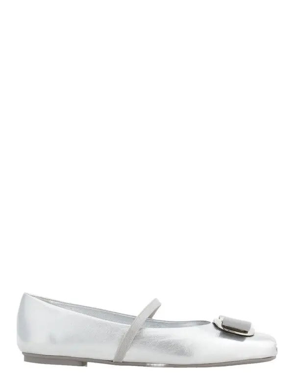 FERRAGAMO Silver Metallic Slip-on Flats With Logo Detail - White