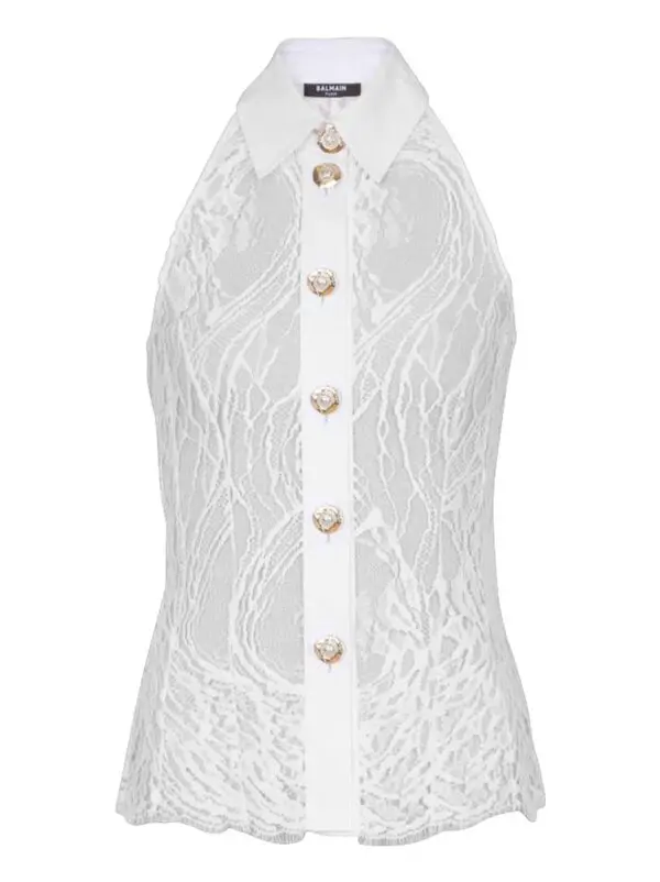 Balmain Lace Halterneck Buttoned Top - White