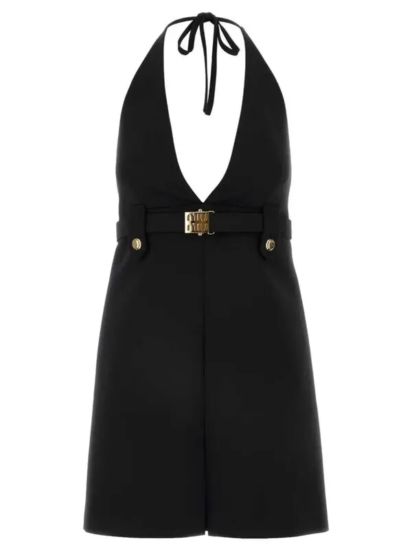 Miu Miu Halterneck Mini Dress With Logo Detail - Black