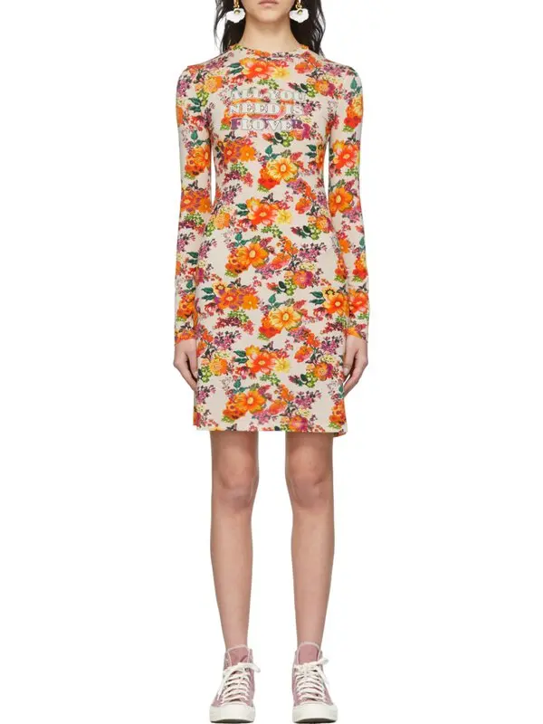 Rabanne Floral Print Long Sleeve Dress - Nude