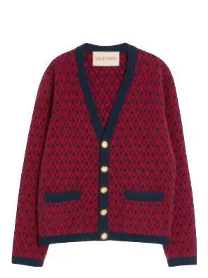 Valentino Garavani Wool Cardigan With All-over V Pattern - Red