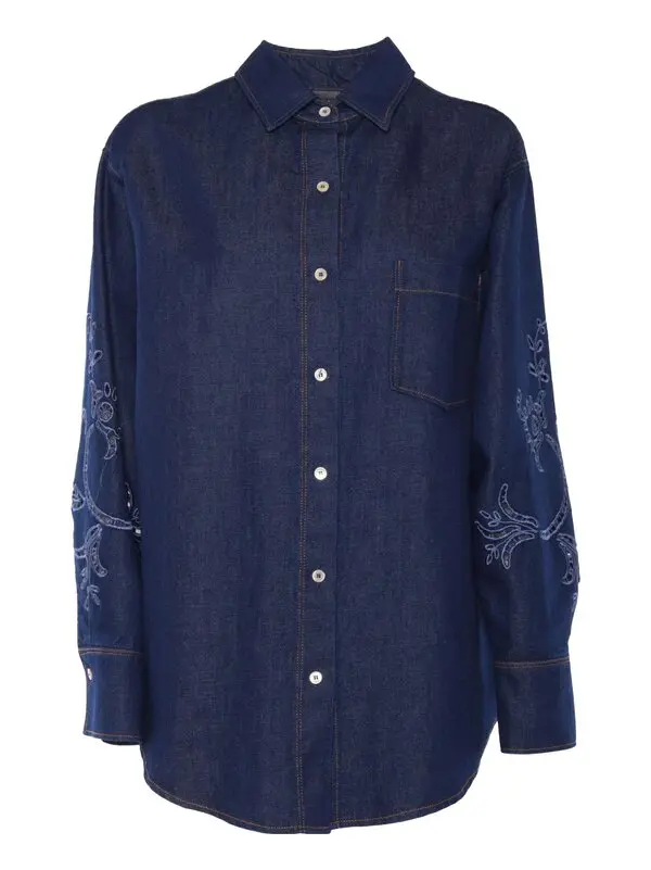 FORTE_FORTE Long Sleeve Denim Shirt With Embellished Details - Blue