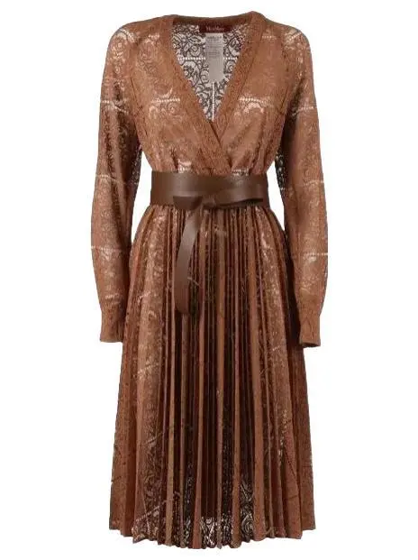 Max Mara V-neck Lace Pleated Midi Dress With Belt - Brown