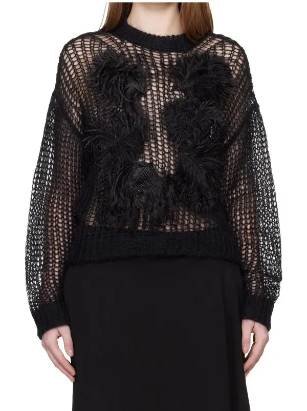 Attico Openwork Knit Sweater With Ostrich Feather Appliqu - Black
