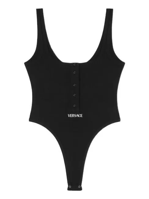Versace Ribbed Bodysuit With Button Front And Embroidered Logo - Black