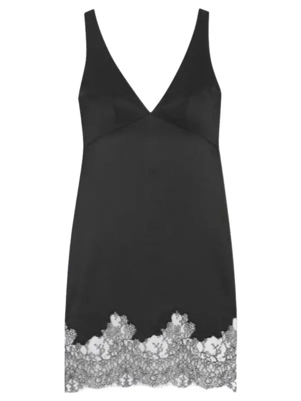 Saint Laurent Sleeveless V-neck Lace Trimmed Dress - Black