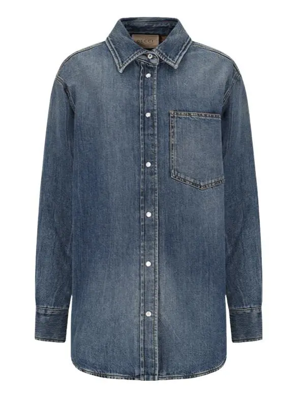 Gucci Logo Plaque Collared Long-sleeve Shirt - Blue