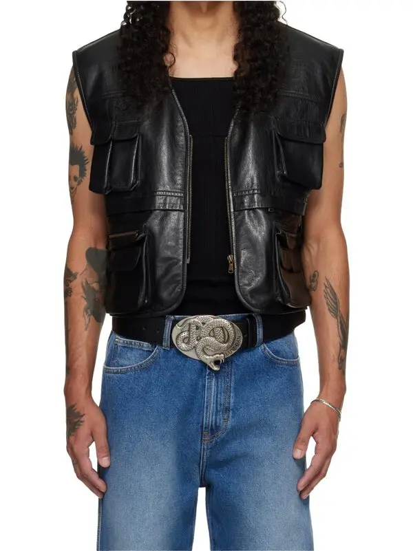 LU'U DAN V-neck Faux Leather Work Vest - Black